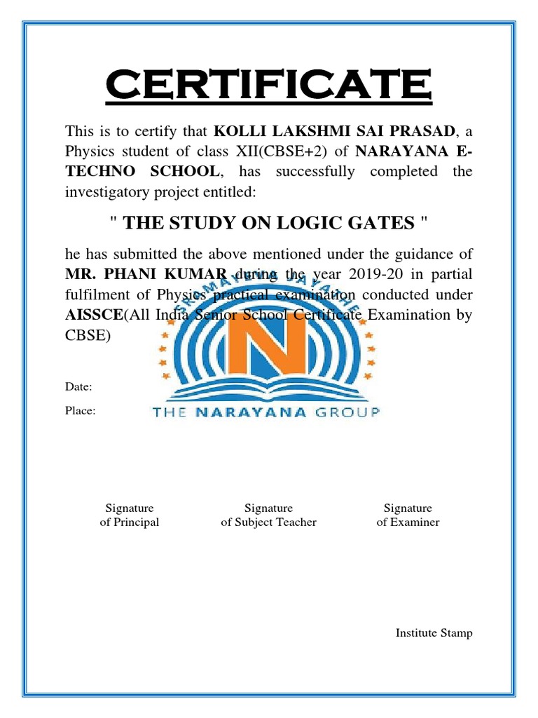 Certificate for Logic Gates Project | PDF