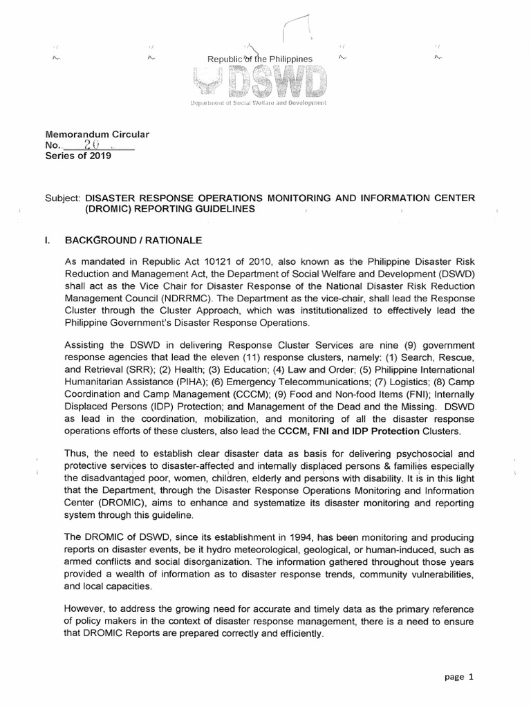 DSWD MC - 2019-020 DROMIC Reporting Guidelines | PDF