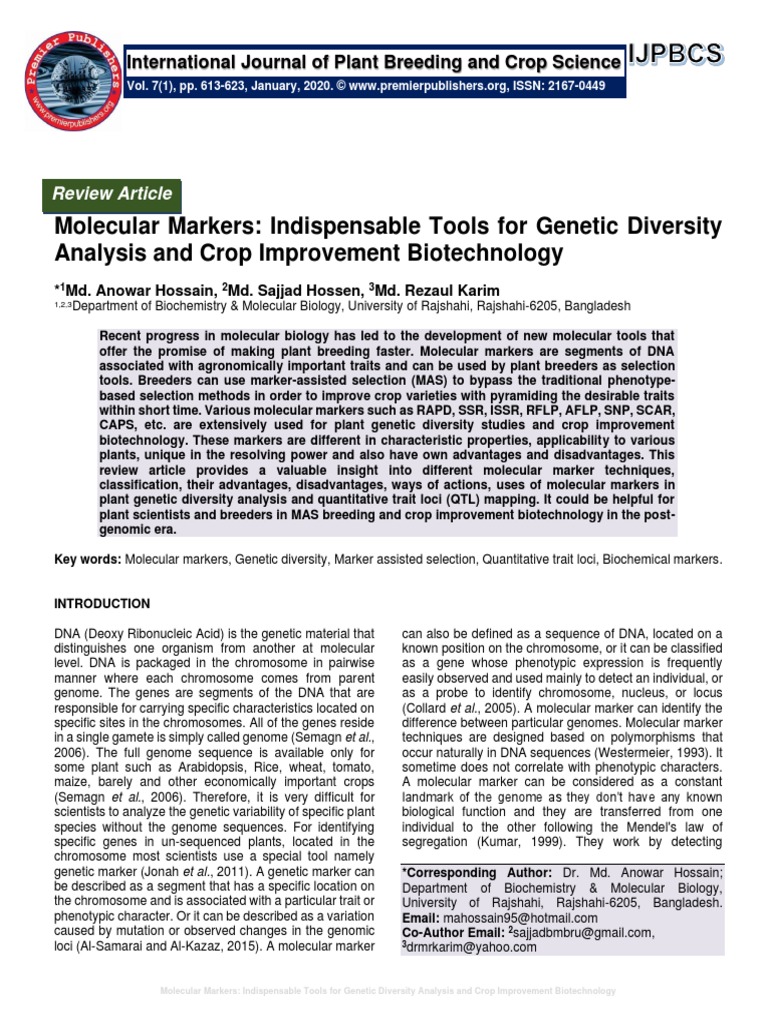Molecular Markers: Indispensable Tools For Genetic Diversity Analysis ...