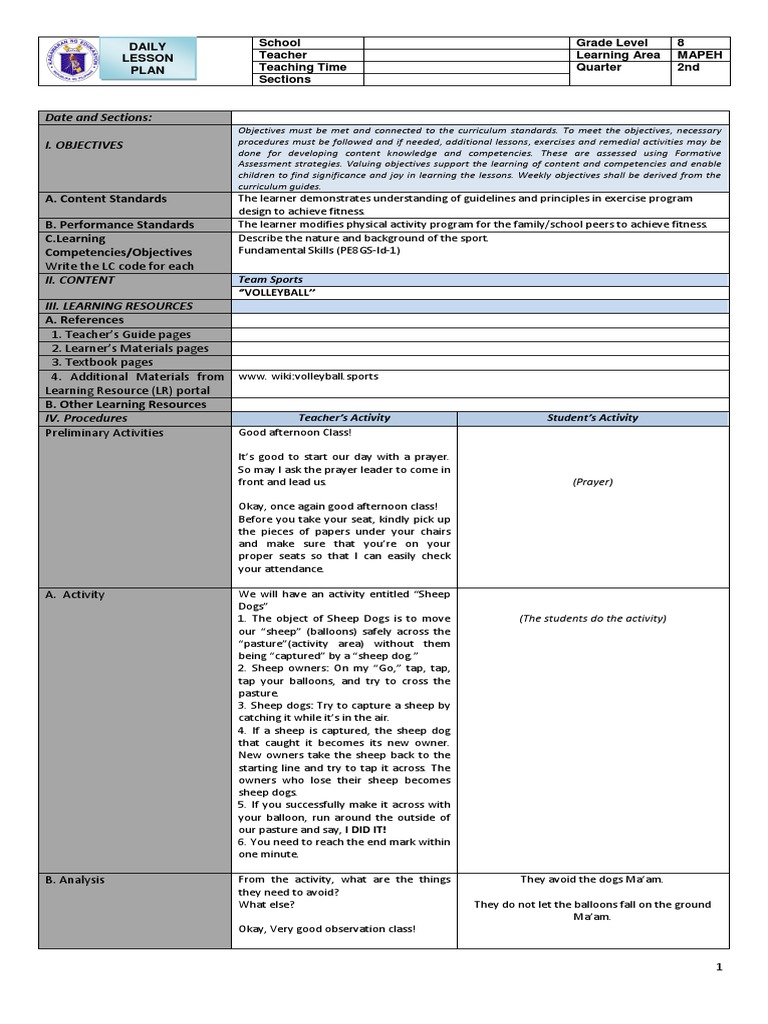 Dlp-Mapeh8 Volleyball | PDF | Communication | Learning