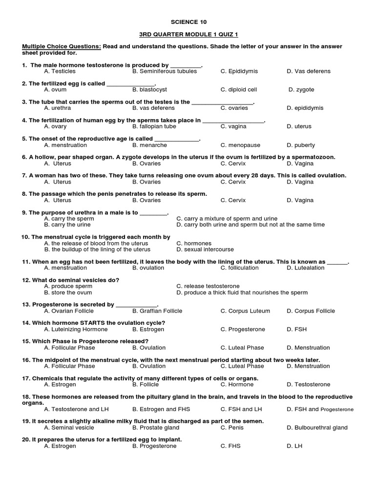 3RD Q Module 1 Quiz 1 Reproductive System | PDF | Menstrual Cycle ...