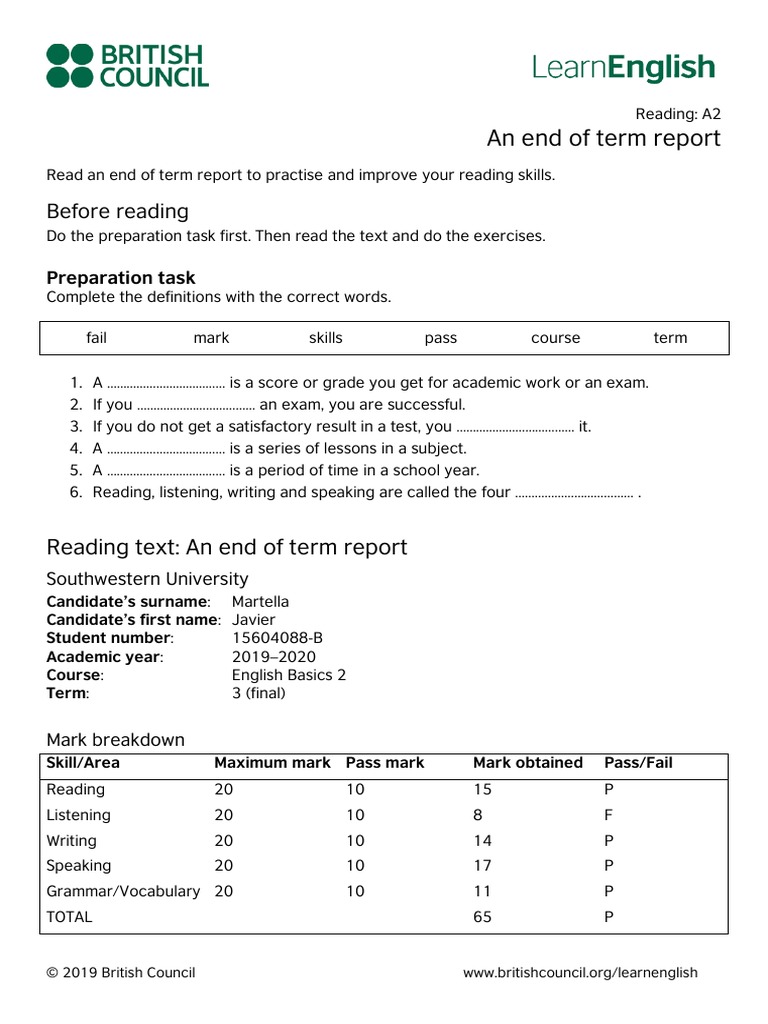 LearnEnglish Reading A2 An End of Term Report PDF | PDF | Test ...