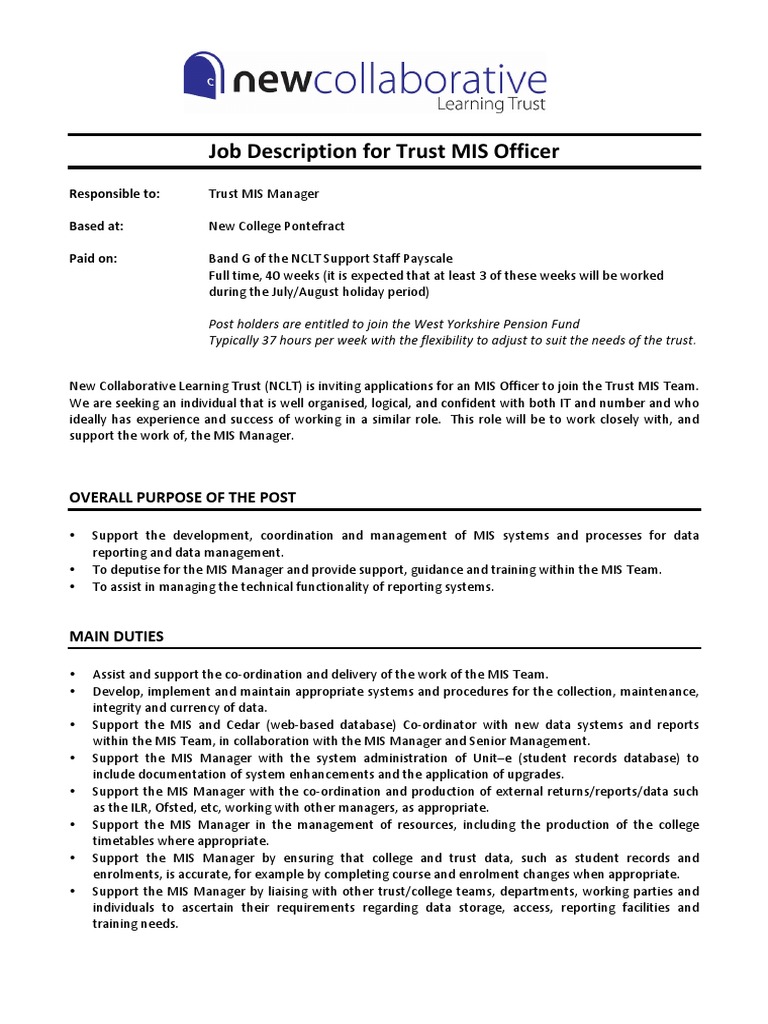 MIS Officer Job Description and Person Specification | PDF | Management ...