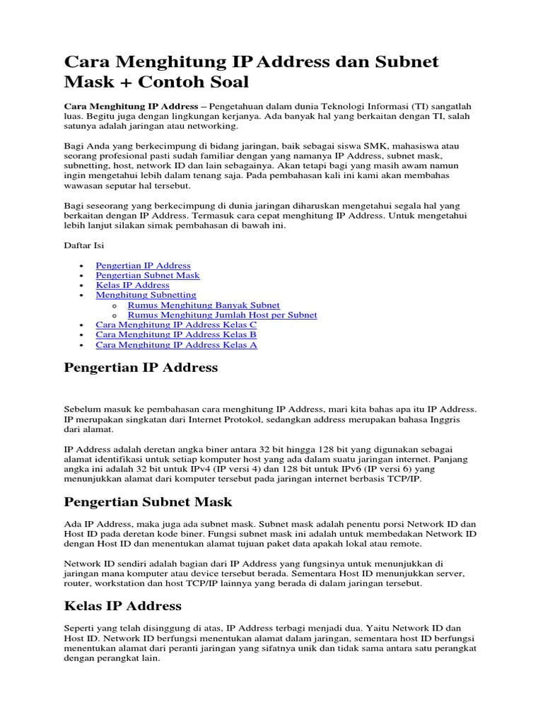 Cara Menghitung IP Address Dan Subnet Mask | PDF