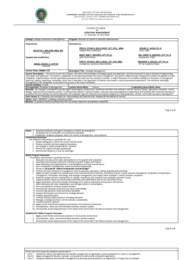 Strategic Management Syllabus 2nd Sem SY 2019 2020 | PDF ...