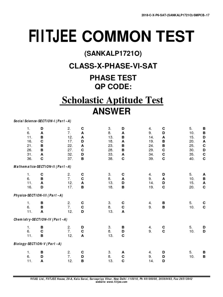Phase 6 SAT Answer Key: Physics | PDF | Educational Institutions | Delhi