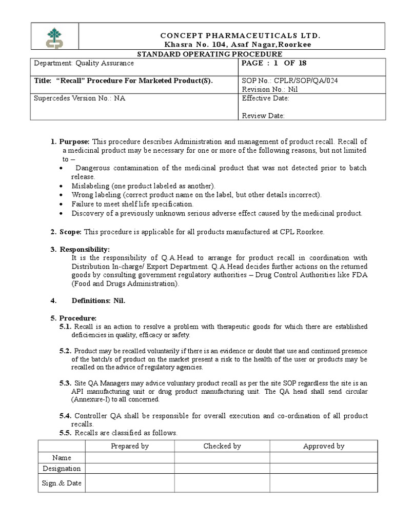 Product Recall | PDF | Quality Assurance | Food And Drug Administration