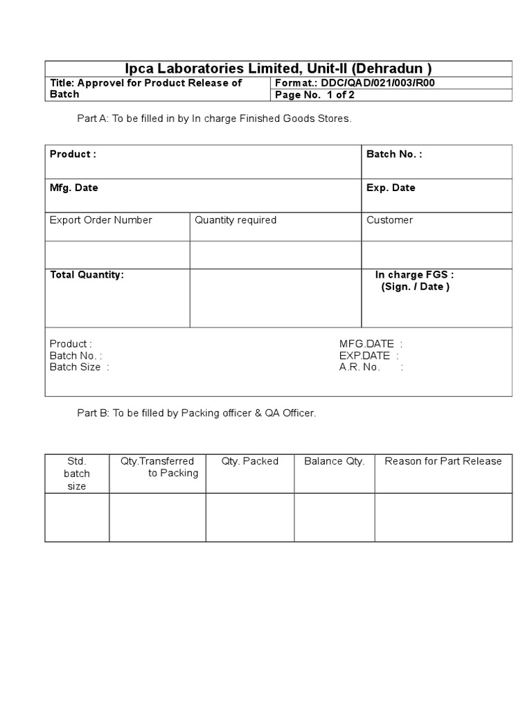 Batch Release Approval Form for Ipca Laboratories Limited, Unit-II ...