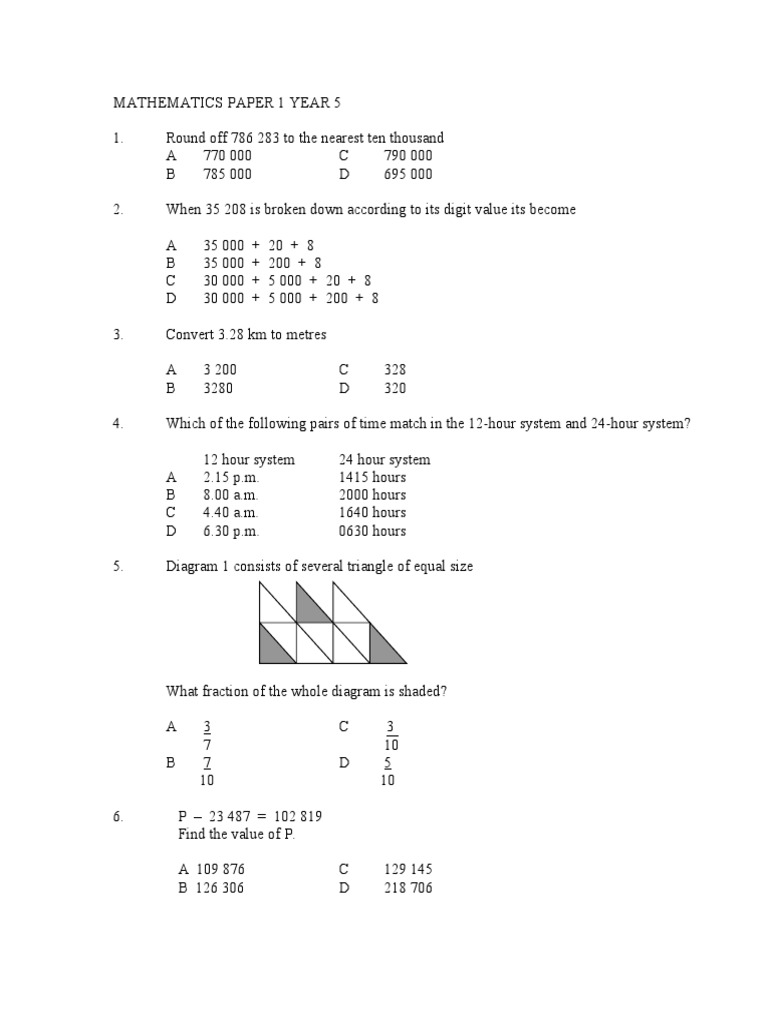 Mathematics Paper 1 Year 5 | PDF | Arithmetic | Elementary Mathematics