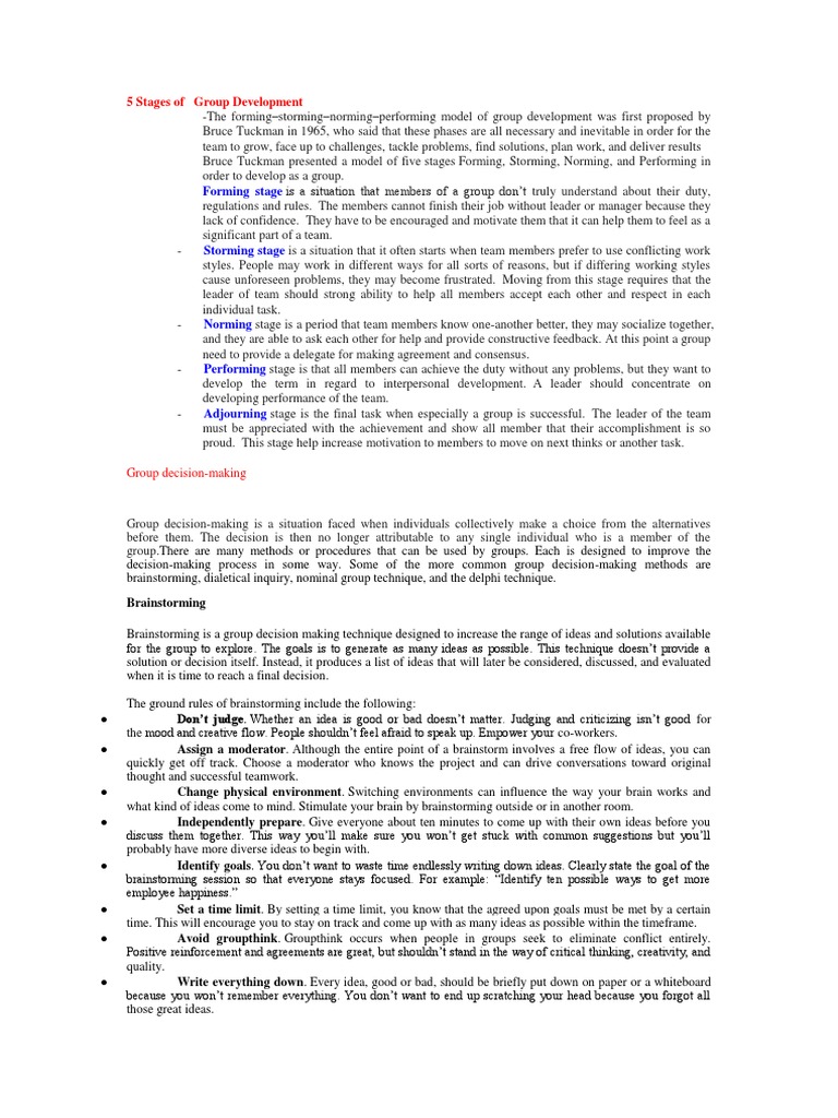 5 Stages of Group Development | PDF | Brainstorming | Organizational ...