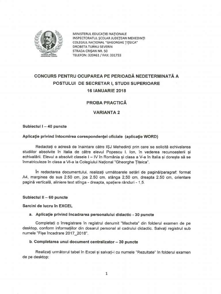 Proba Practica Concurs Secretar | PDF