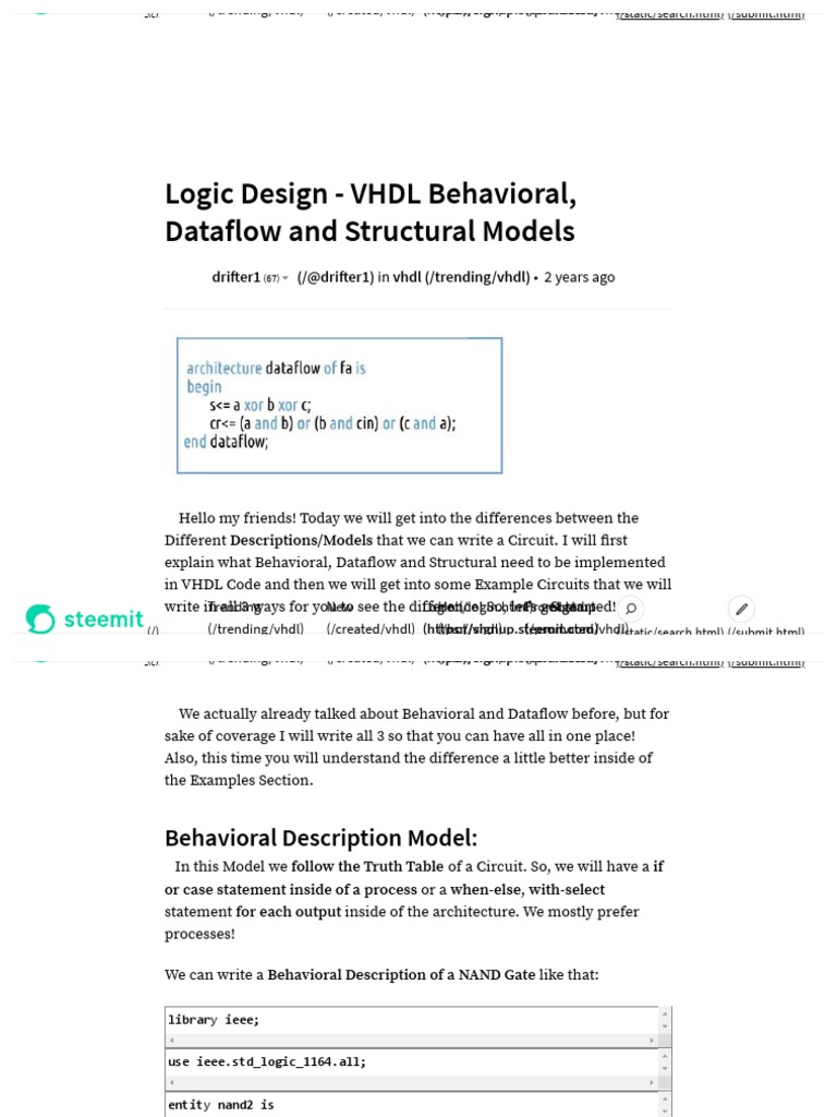 Logic Design - VHDL Behavioral, Dataflow and Structural Models - Steemit PDF | PDF | Vhdl ...