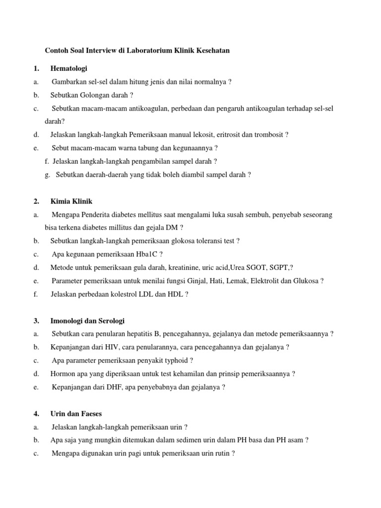 Contoh Soal Interview Di Laboratorium Klinik Kesehatan | PDF
