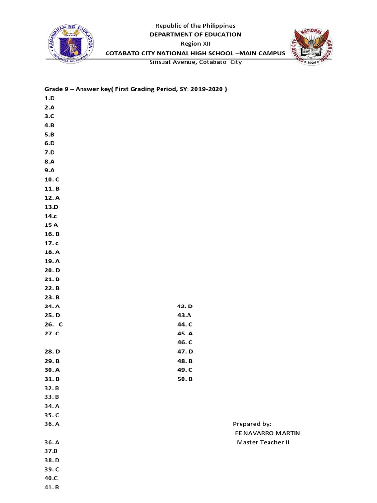 ANSWER KEY TEST FOR GRADE 9 EXAM (Final) | PDF