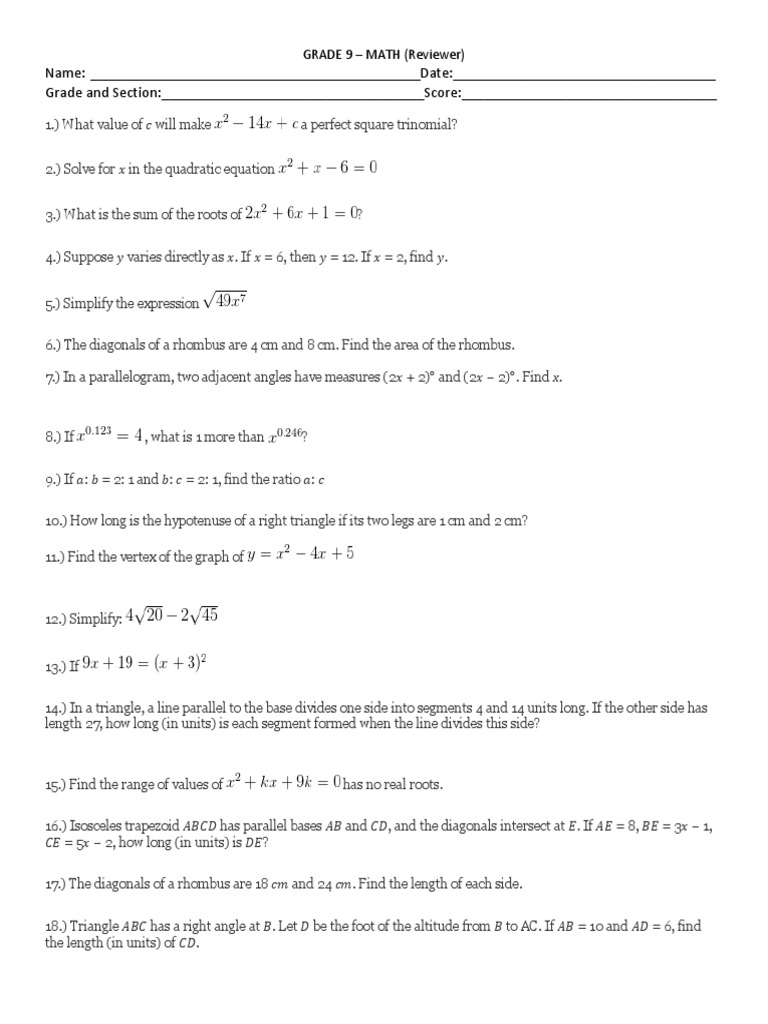 Reviewer (Test) MATH 9 | PDF | Geometric Shapes | Elementary Geometry