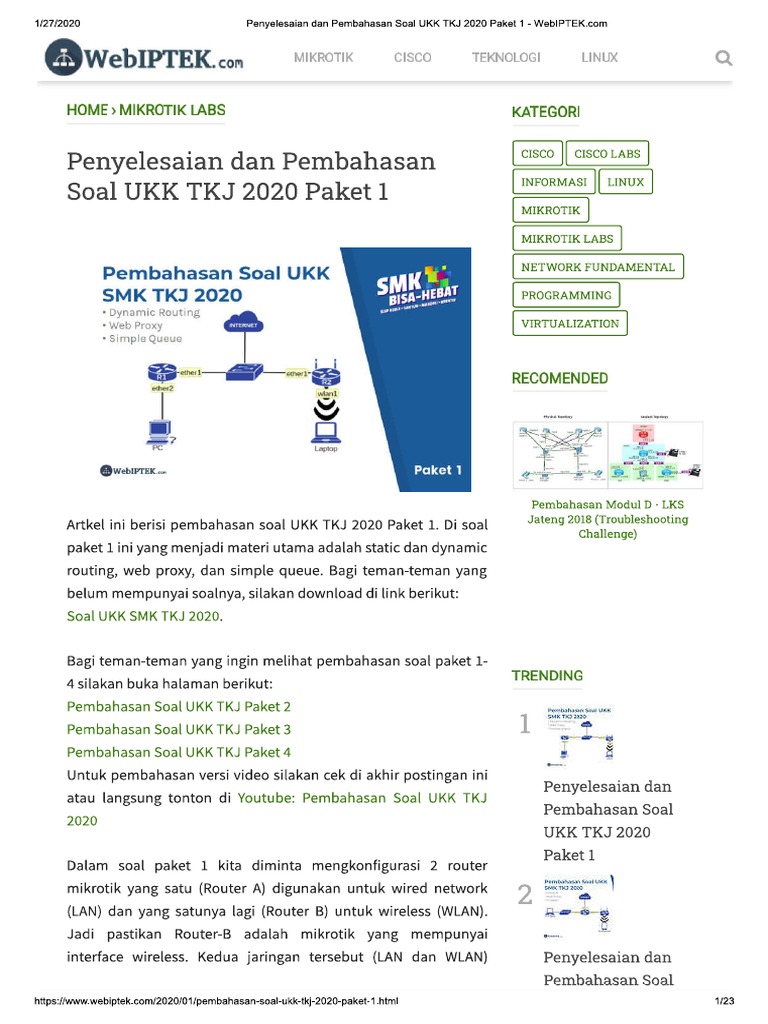 Penyelesaian Dan Pembahasan Soal UKK TKJ 2020 Paket 1 PDF | PDF