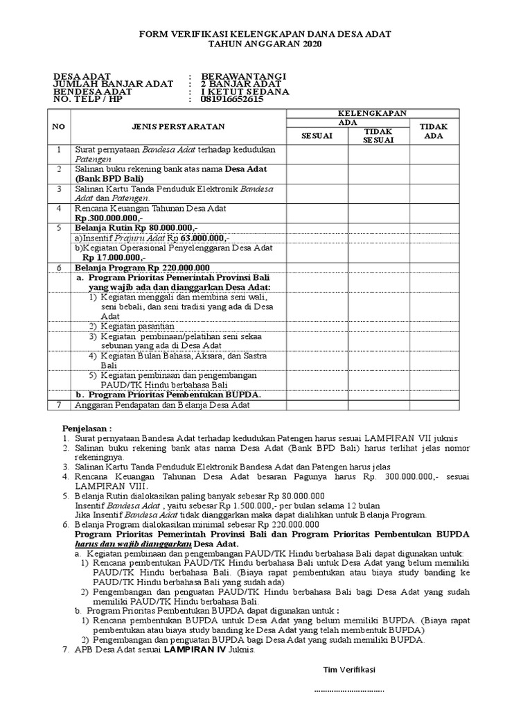 Form Verifikasi Kelengkapan Dana Desa Adat Baru | PDF
