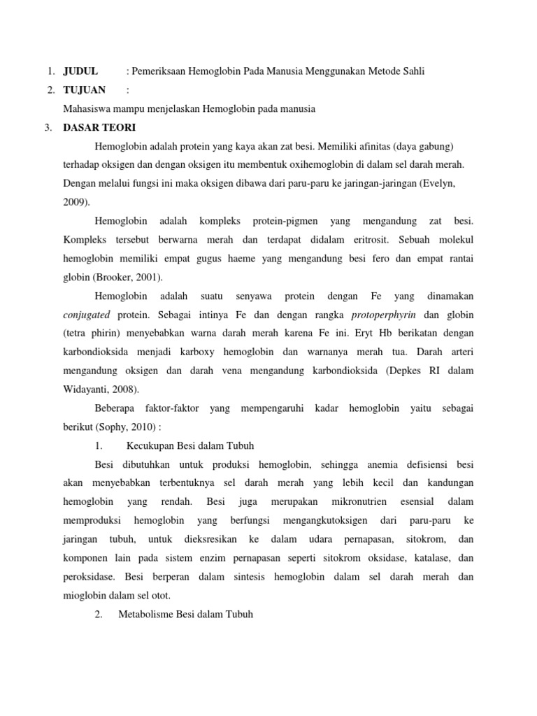 Pemeriksaan Hemoglobin Pada Manusia Menggunakan Metode Sahli | PDF