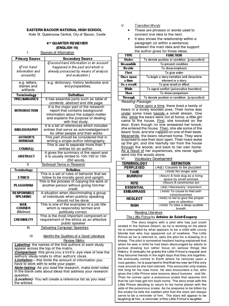 ENGLISH 10 Reviewer Final Summative Test | PDF | The Little Prince ...