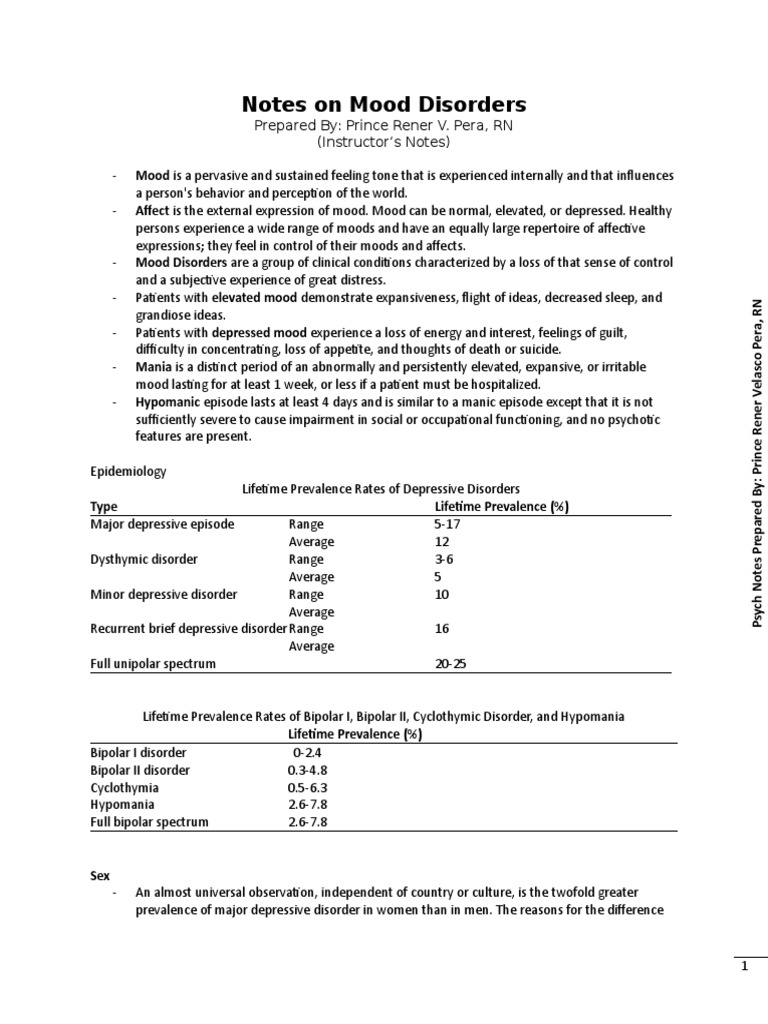 Notes On Mood Disorders | PDF | Bipolar Disorder | Mania