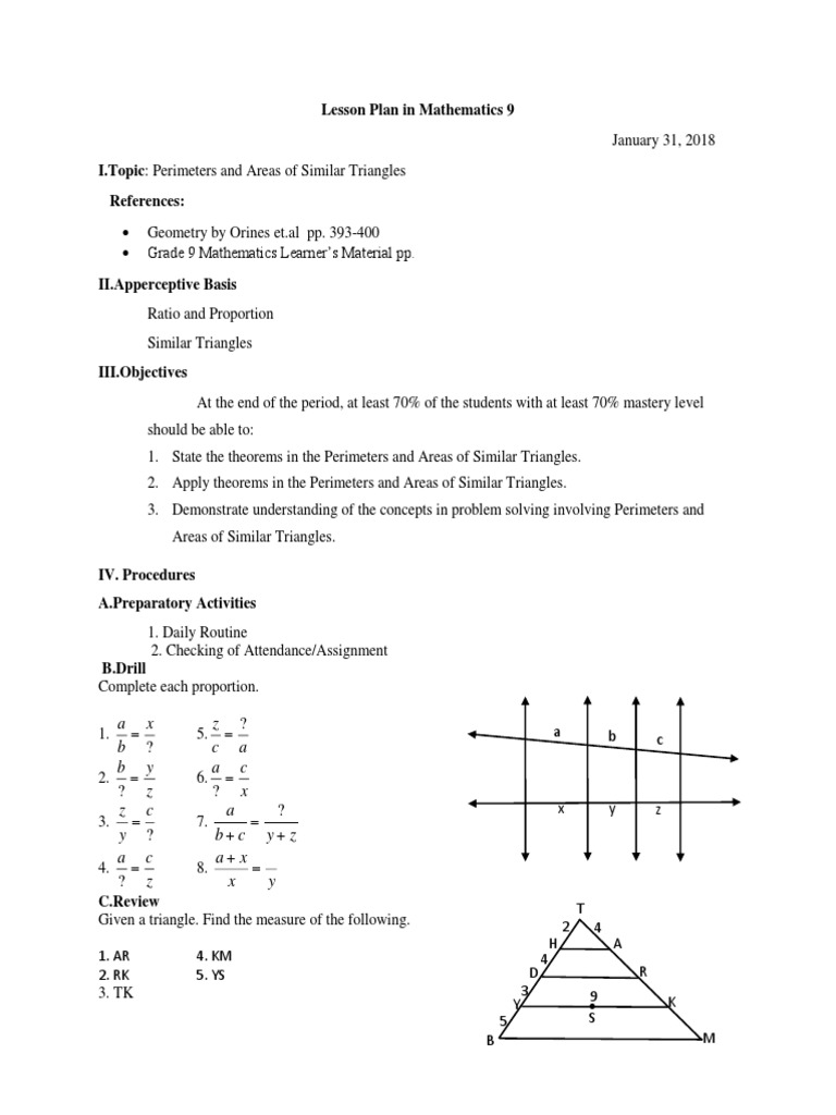 Lesson Plan on Perimeters and Areas of Similar Triangles | PDF | Area ...
