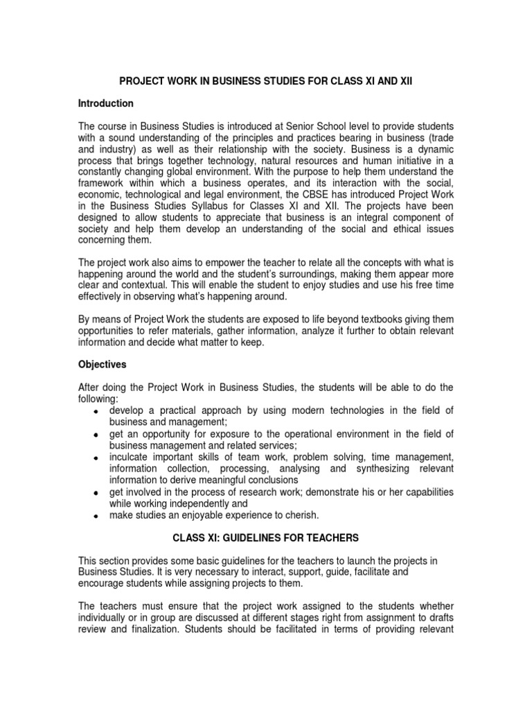 Business Studies Project Guidelines for XI | PDF | Employment | Retail