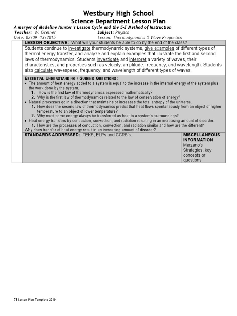 Thermodynamics and Wave Properties: A Detailed Lesson Plan Applying the ...