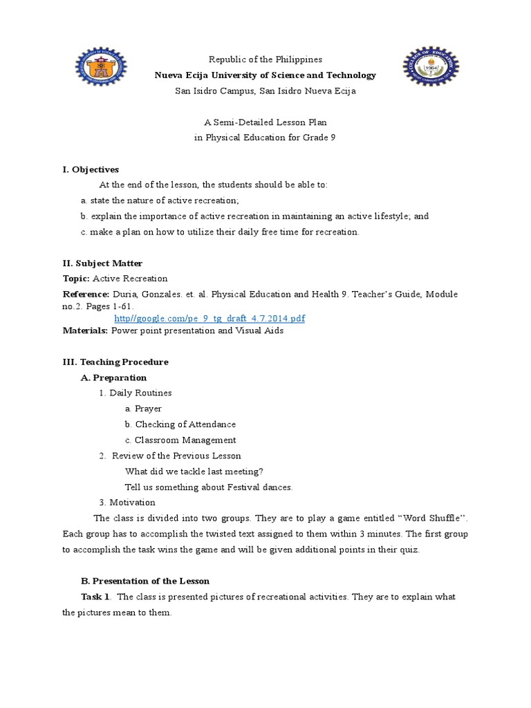 Semi-Detailed LP in Active Recreation | PDF | Recreation | Physical ...