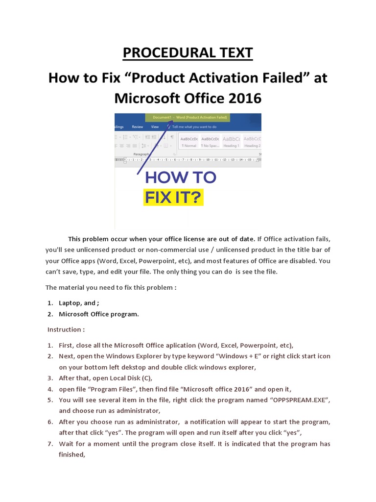 How To Fix Product Activation Failed On Microsoft Office 2016 | PDF