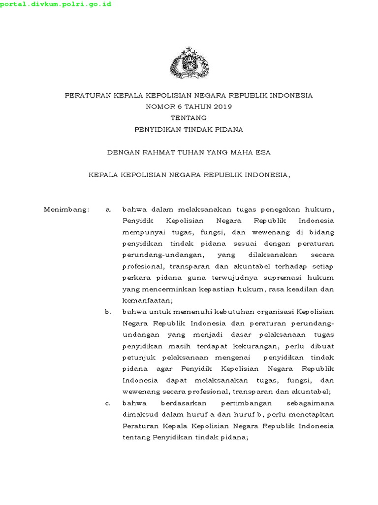 Perkap Nomor 6 Tahun 2019 Tentang Penyidikan Tindak Pidana PDF | PDF