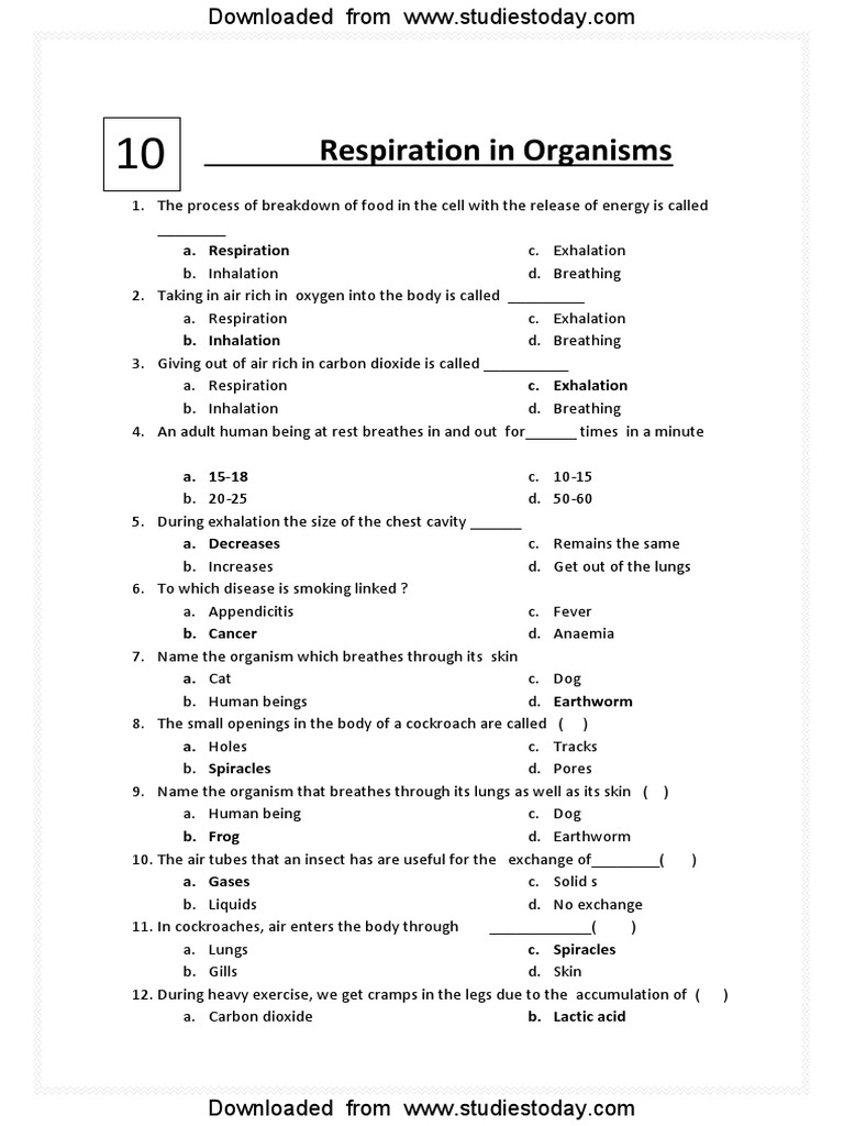 CBSE Class 7 Science MCQs-Respiration in Organisms | PDF | Respiratory System | Exhalation