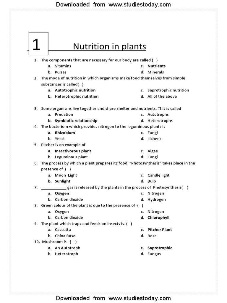 CBSE Class 7 Science MCQs-Nutrition in Plants | PDF