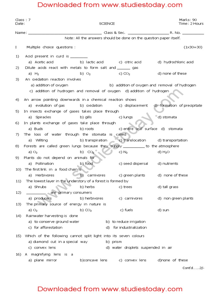 CBSE Class 7 Science Sample Paper Set A | PDF | Fertilisation | Sexual ...
