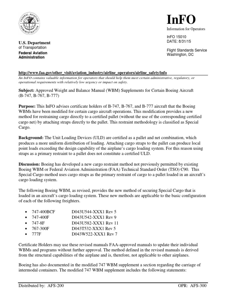 Weight and Balance Manual (WBM) Supplements | PDF | Cargo | Aviation