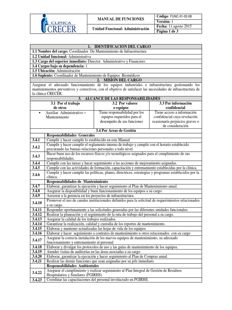 Perfil de Cargo Coordinador de Mantenimiento e Infraestructura | PDF | Planificación | Calidad ...