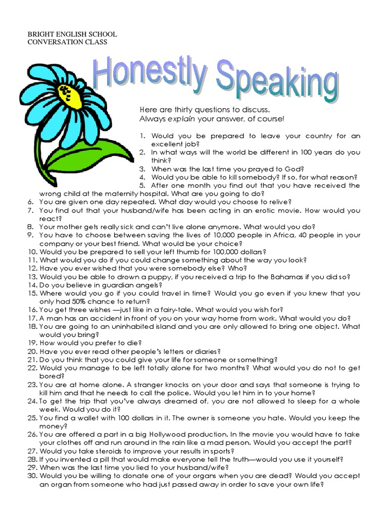 Honestly Speaking - Worksheet With 30 Questions | PDF