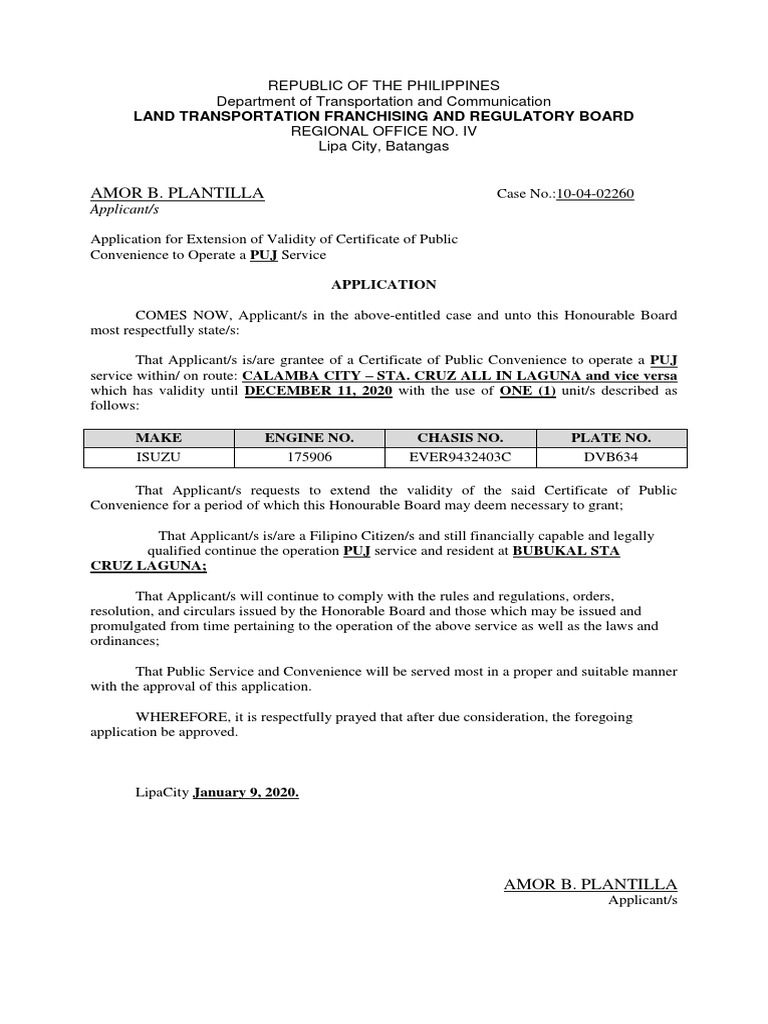 LTFRB Application | PDF | Virtue | Public Law