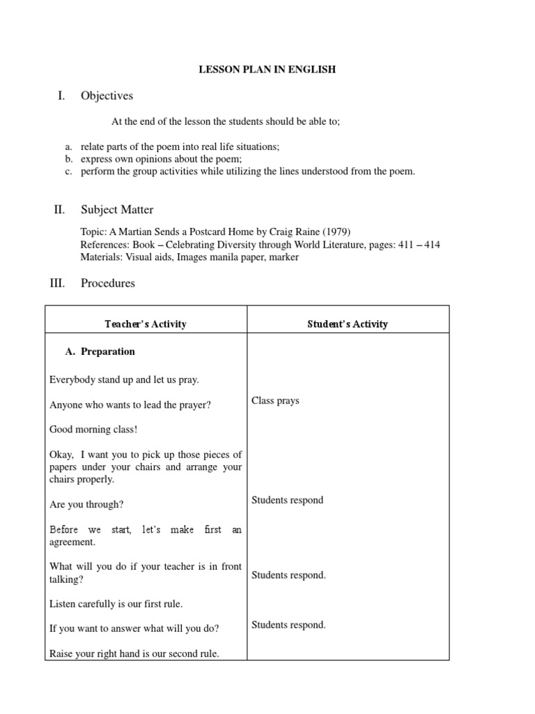 Lesson Plan: Analyzing Martian Poetry | PDF | Rubric (Academic) | Cognition