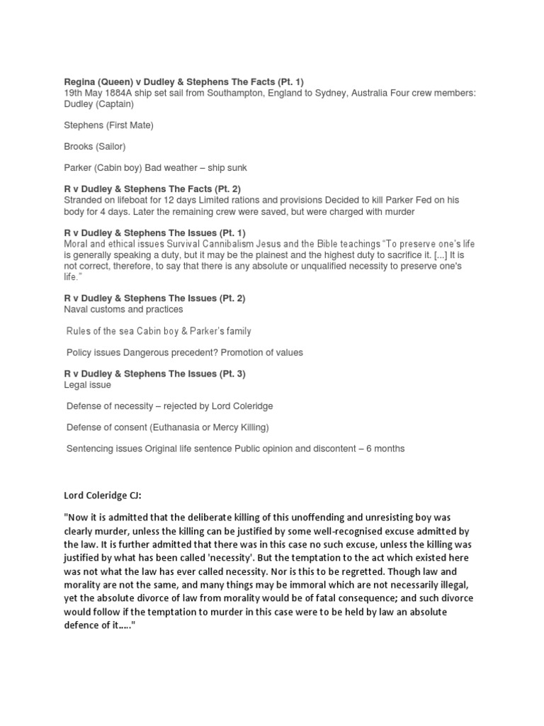 Legal Analysis of R v Dudley & Stephens | PDF | Murder | Virtue