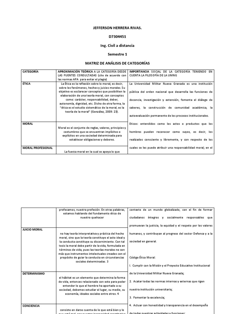 Matriz de Análisis de Categorías Ética Profesional | PDF | Moralidad ...
