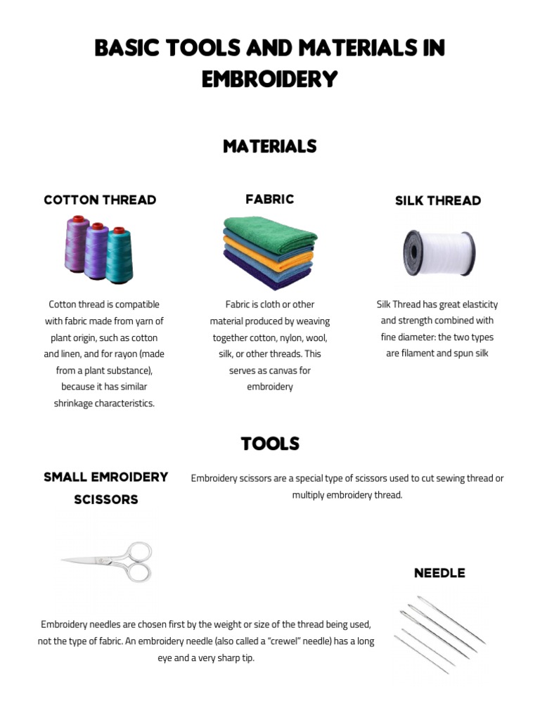 Basic Tools and Materials in Embroidery PDF | PDF | Embroidery | Yarn