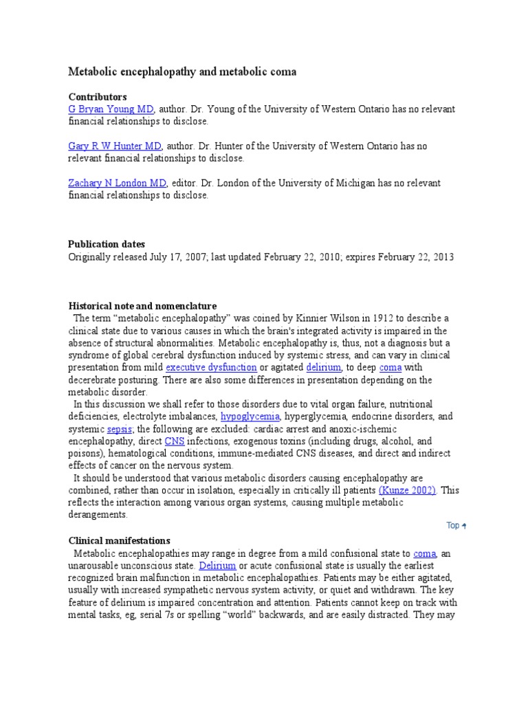 Metabolic Encephalopathy and Metabolic Coma | PDF | Coma | Inflammation
