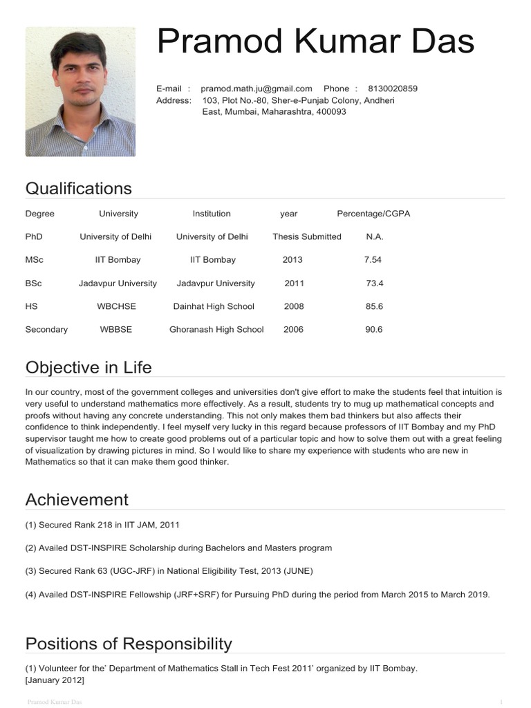 CV - Pramod Kumar Das - April - 2019 PDF | PDF | Dynamical System | Teaching Mathematics
