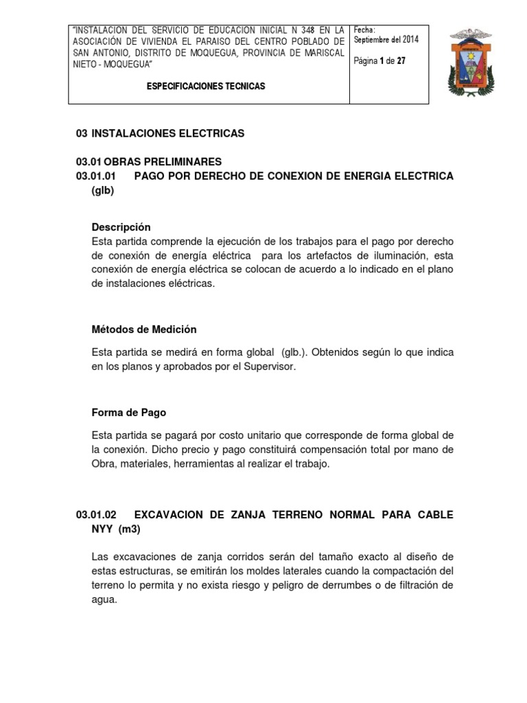 ESPECIFICACIONES TECNICAS Electricas | PDF | Encendiendo | Tubería (transporte de fluidos)