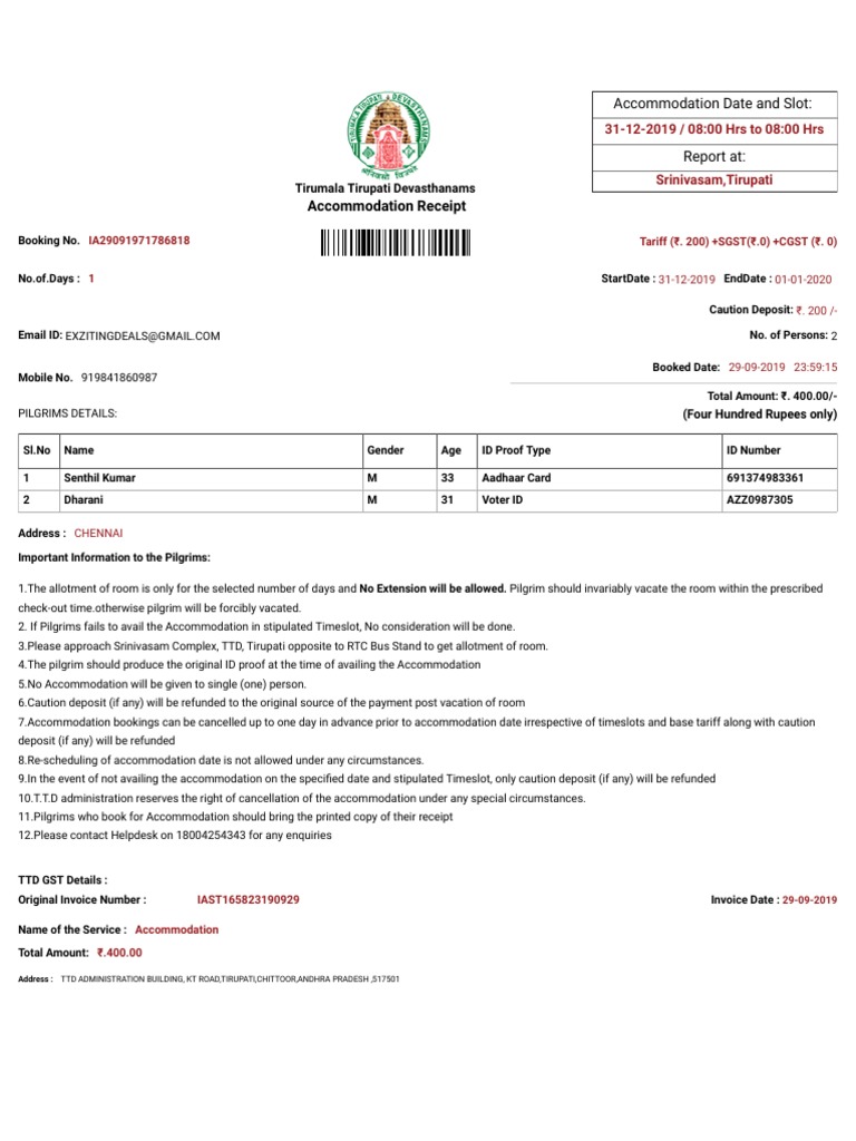 TTD Accommodation Receipt | PDF | Taxes | Payments