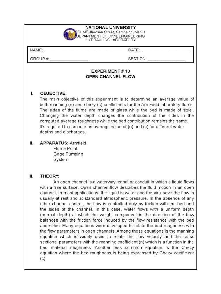Experiment 13 Open Channel Flow | PDF | Fluid Dynamics | Friction