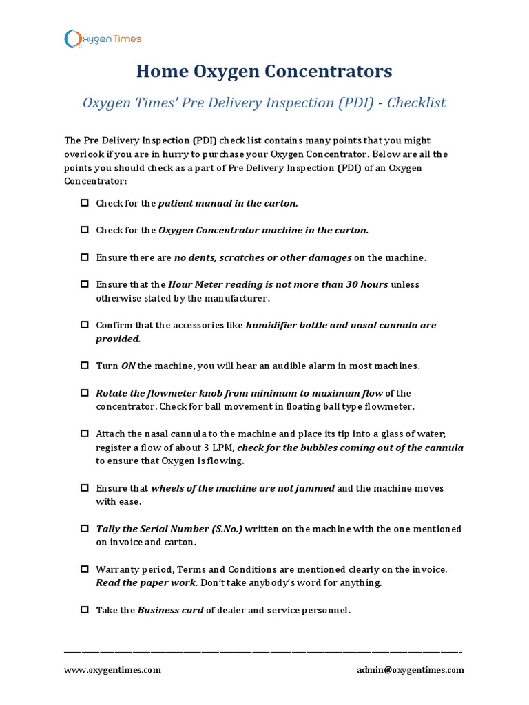 Pre Delivery Inspection Checklist For Home Oxygen Concentrator | PDF ...