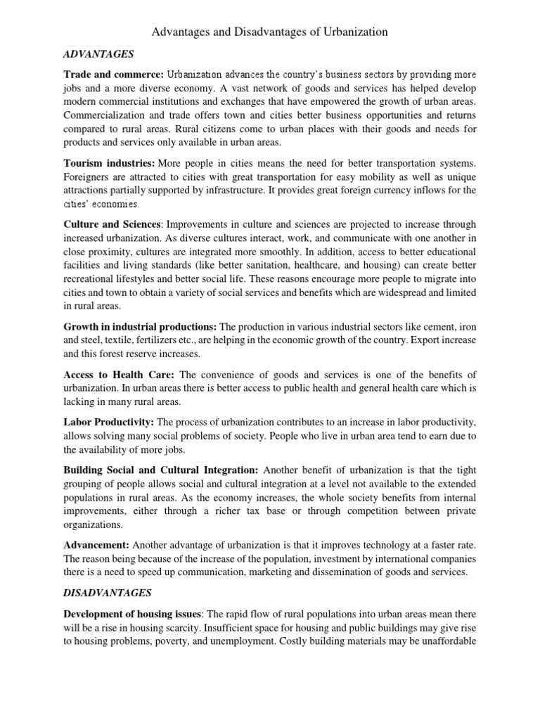 Advantages and Disadvantages of Urbanization | PDF | Urbanization | Air ...