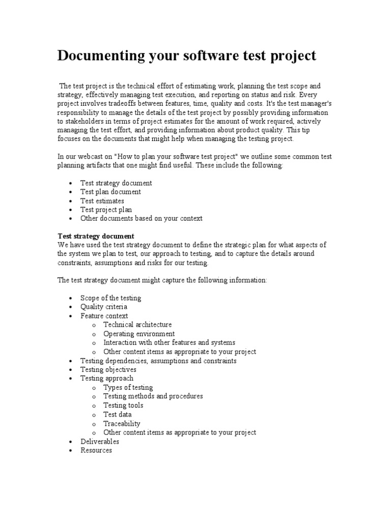 Essential Documents for Test Project Management | PDF | Software ...