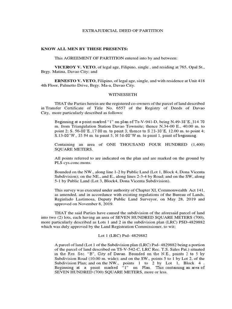 Davao Land Partition Agreement | PDF | Civil Law (Legal System ...